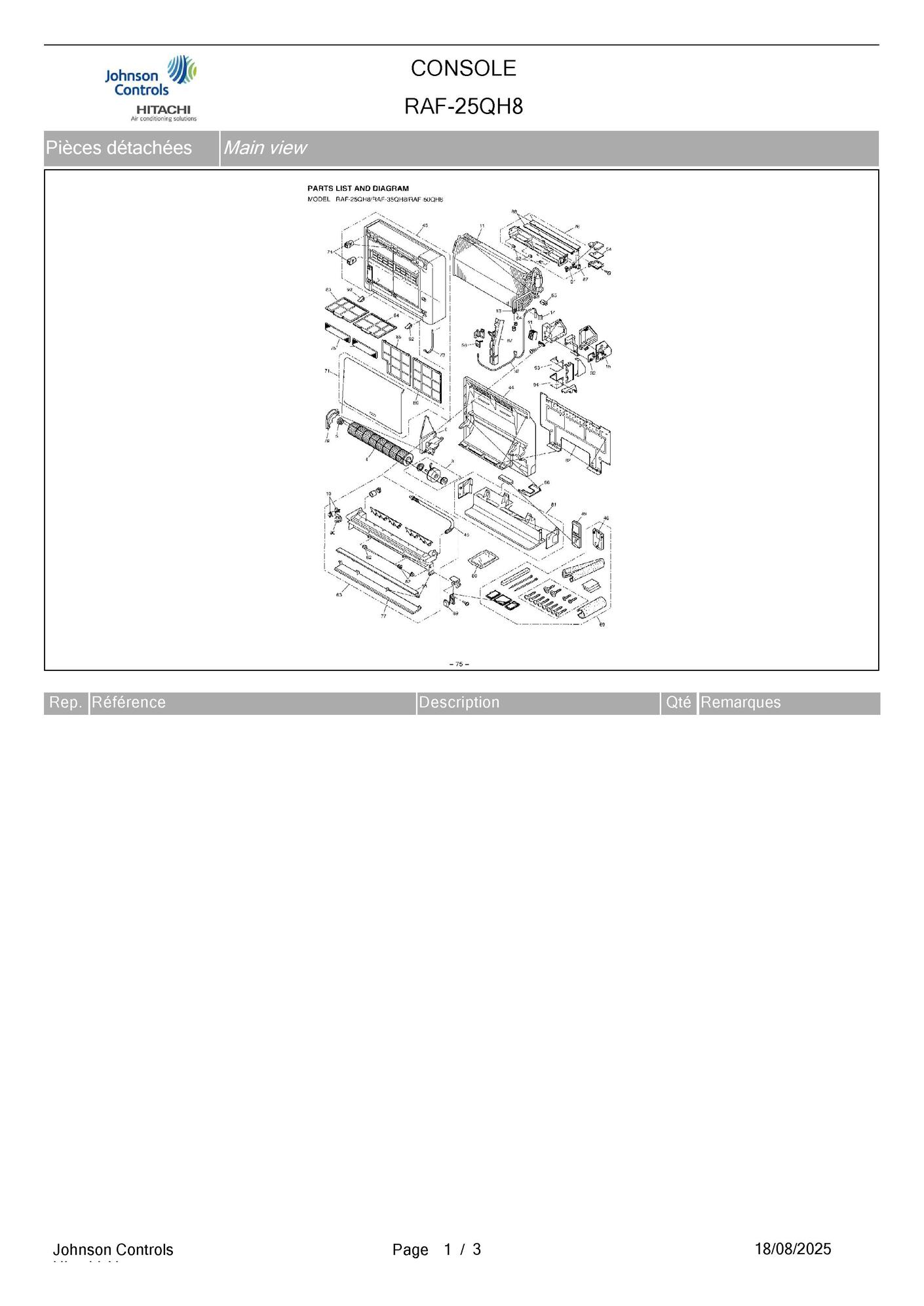 Pièces détachées Console Hitachi RAF-25QH8 - Pièces Express
